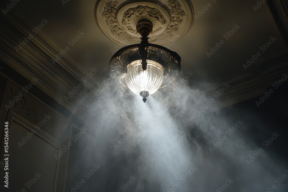 Dust particles illuminated by a ceiling light in an old house create a ...