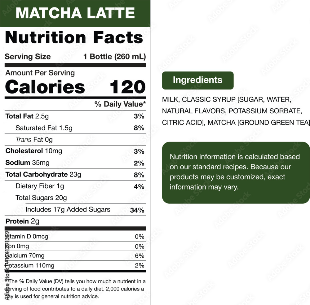 Matcha Latte Nutrition Facts Label – Bottle Drink Supplement Info for ...