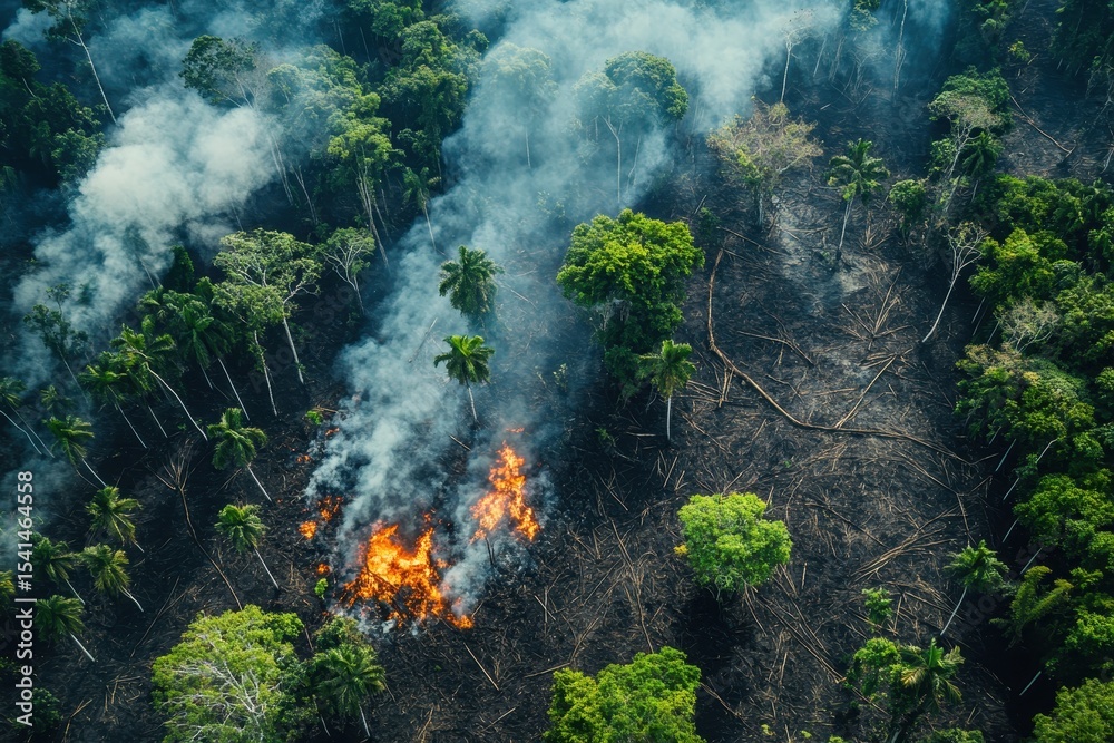 Aerial view: Amazon rainforest burning with smoke, destruction shown ...