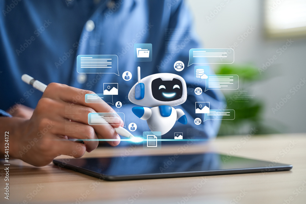 Hand drawn icons. People using laptops with AI assistants for graphic ...