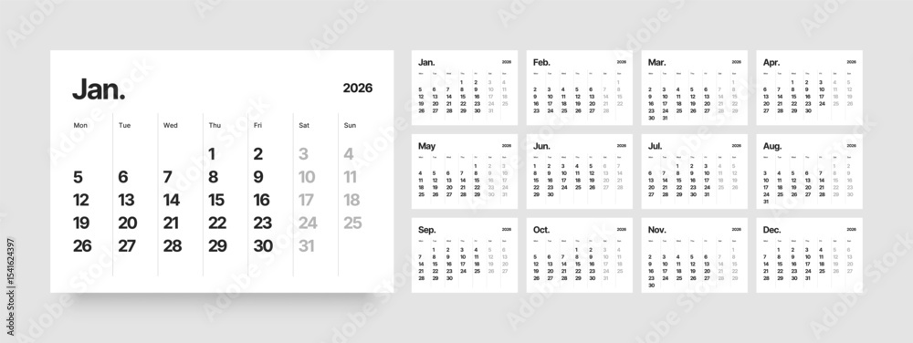 Monthly calendar layout for 2026 year. Diary planner for 2026 year ...