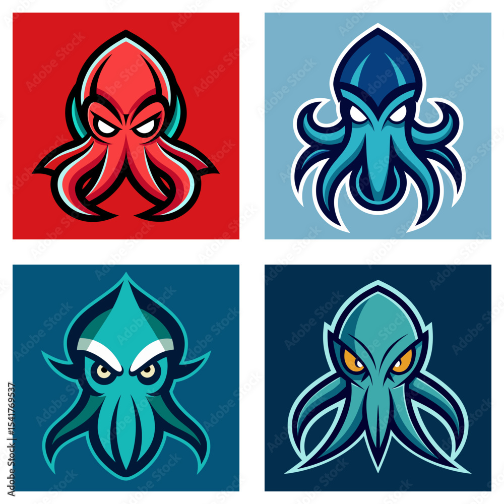 Four square images depicting stylized squid mascot logos in different ...