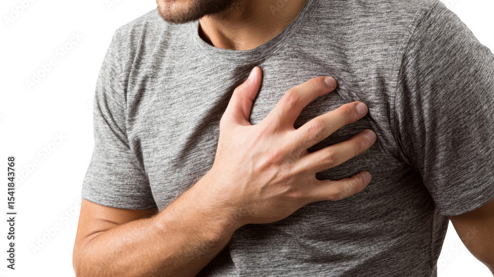 Man experiencing a panic attack, gripping his chest against a ...