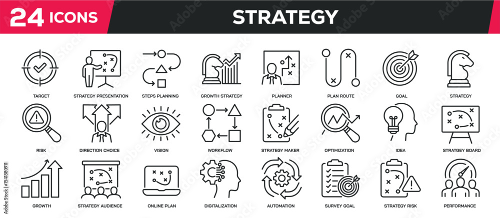 Set of collection line icons related strategy, plan, tactic. Editable ...