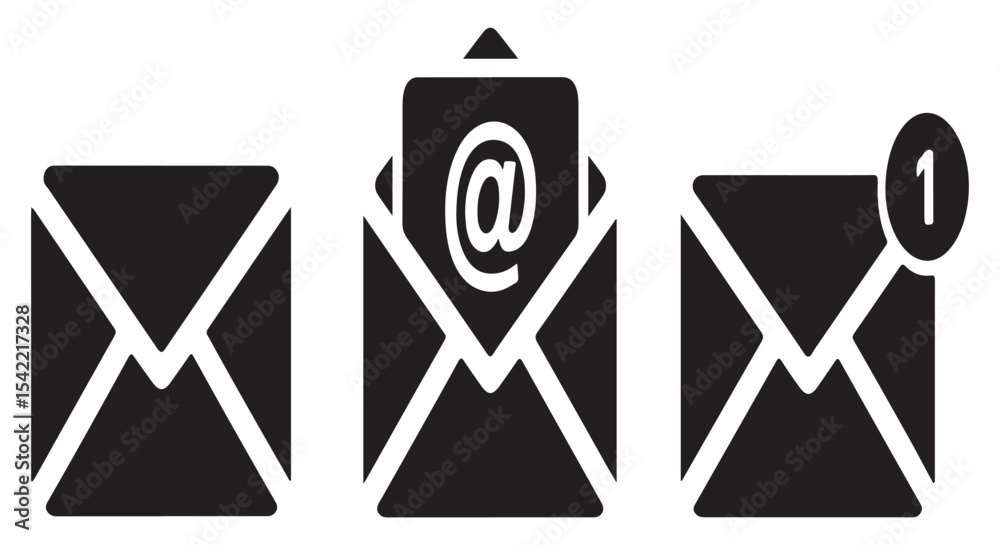 email icons set: closed envelope, at symbol with notification badge for ...