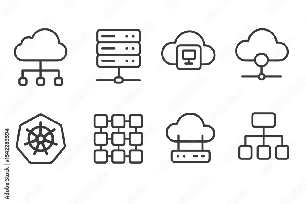 Cloud Engineering Icons. Line style icons of cloud engineering systems ...