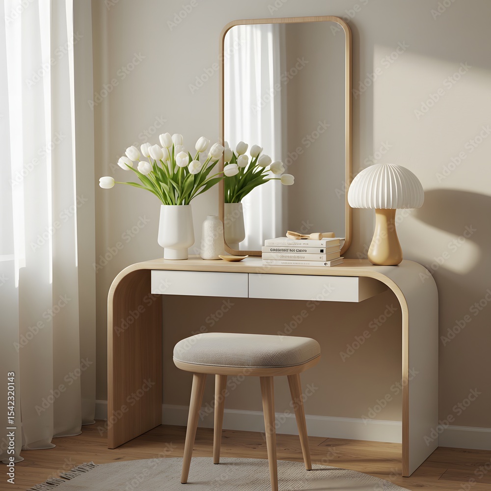 Modern minimalist vanity table with white tulips Stock Photo | Adobe Stock