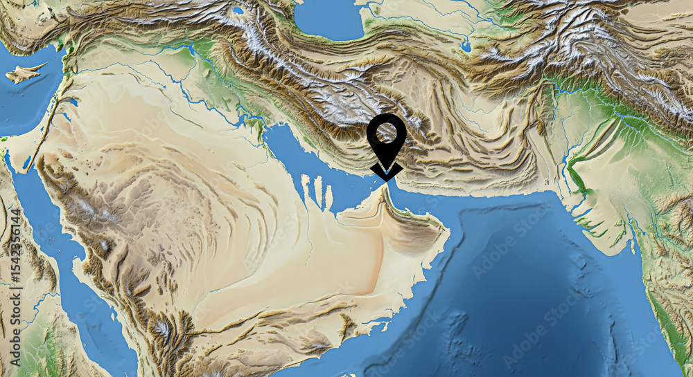 Strait of Hormuz with the location icon in shaded relief map style ...