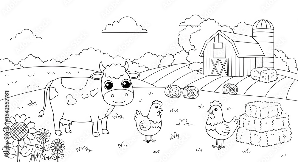 Adorable Farm Animals Coloring Page Cow, Chickens, and Barn Stock ...