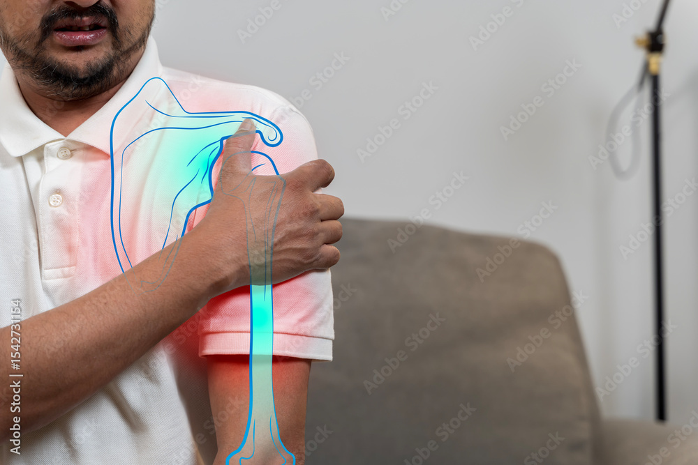 Man suffering from shoulder pain with highlighted bone anatomy graphic ...