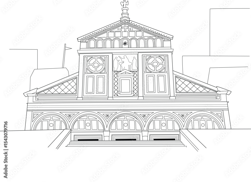 San Miniato al Monte Basilica Line Art, Black and white line drawing ...