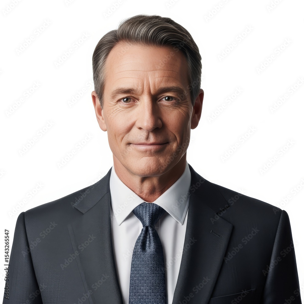 Professional headshot of a man in a suit with a tie on a white studio ...