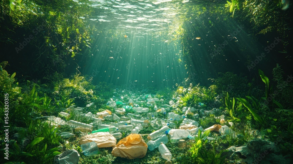 Foto de Stock Underwater scene of plastic pollution in a lush aquatic ...