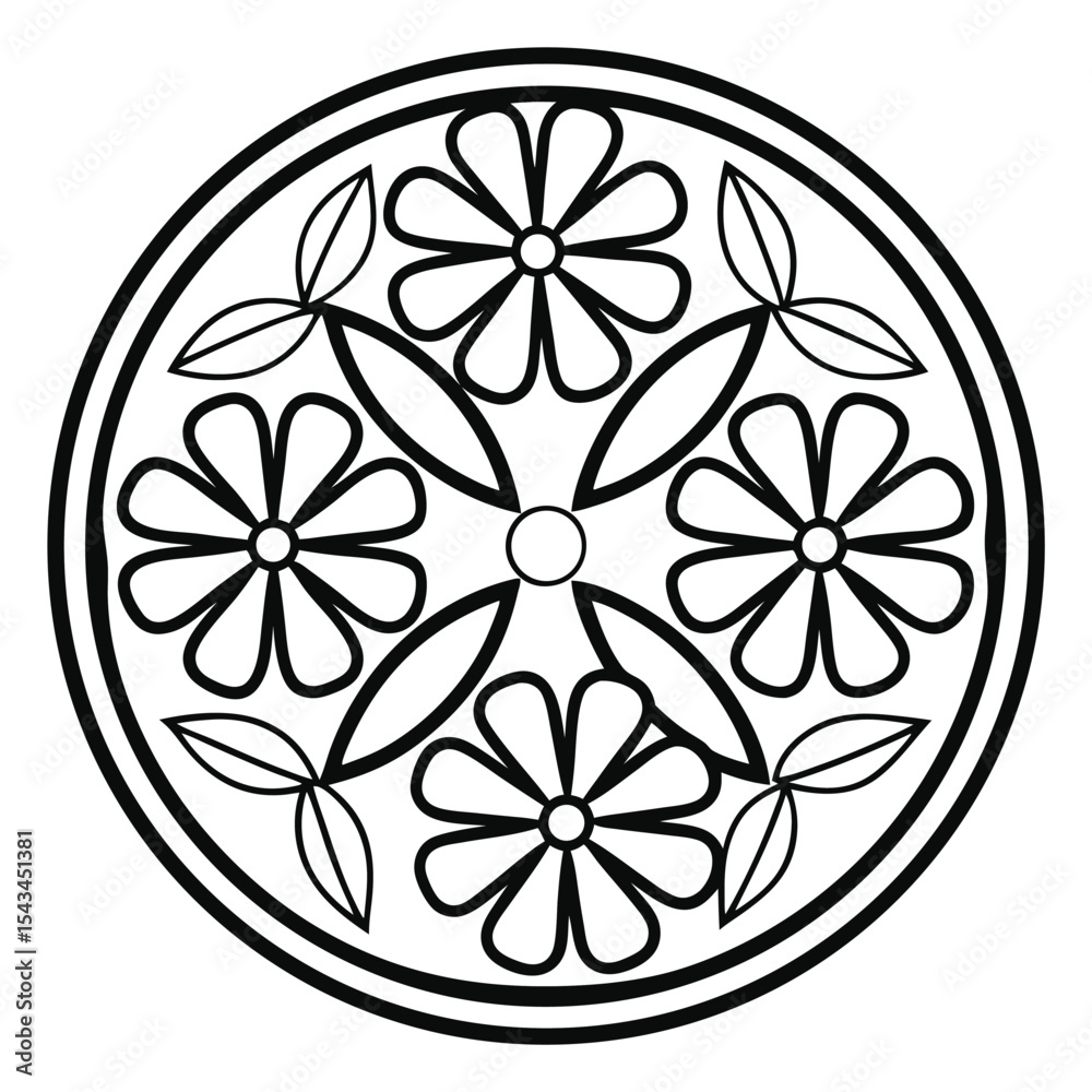 Circular Floral Medallion: Simple black and white line art depicting ...