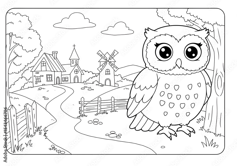 Coloring pages. cartoon owl with village theme coloring page. easy ...