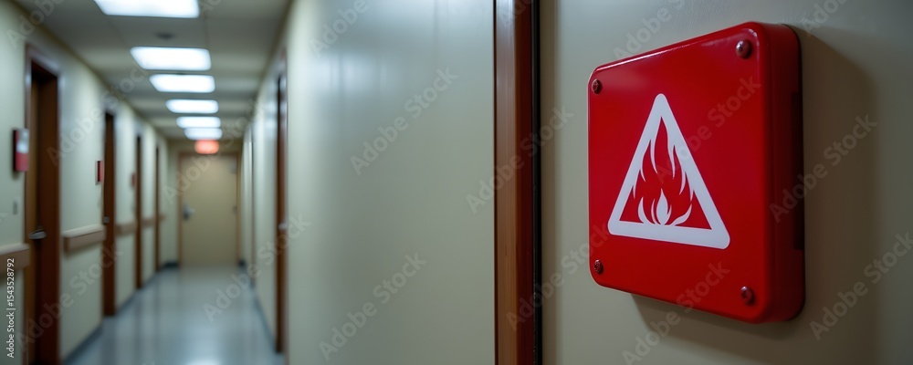 Fotografie Fire Alarm Sign: A striking red fire alarm sign, prominently ...