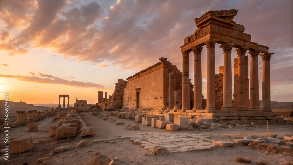 Ancient ruins of palmyra at sunset with columns and structures Stock ...
