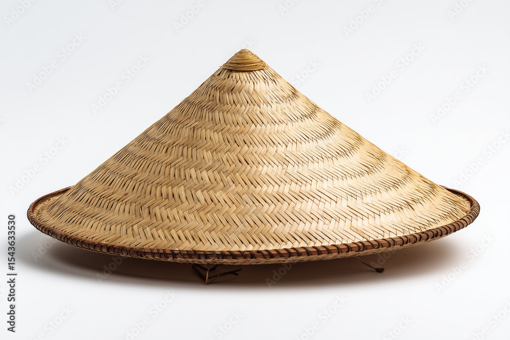 traditional caping hat made of woven rattan in a wide cone shape, used ...