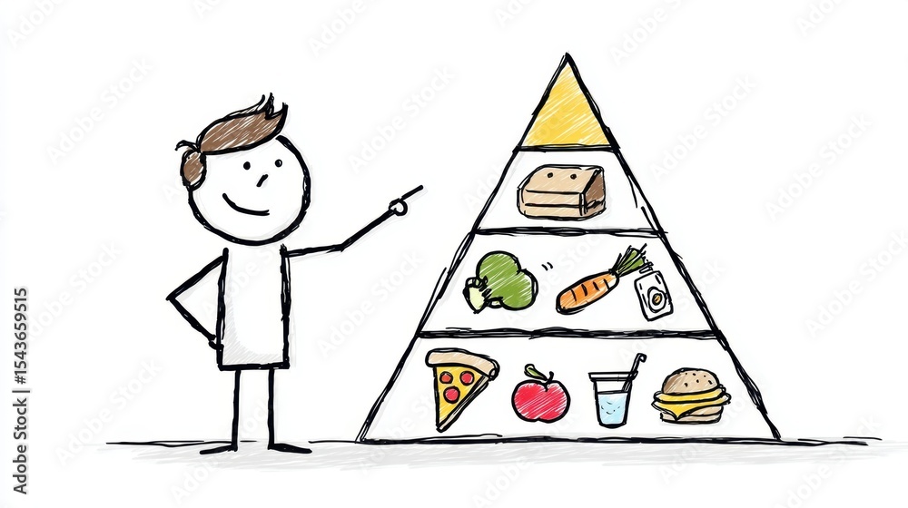 Pointing to a food pyramid, the stick figure represents education about ...