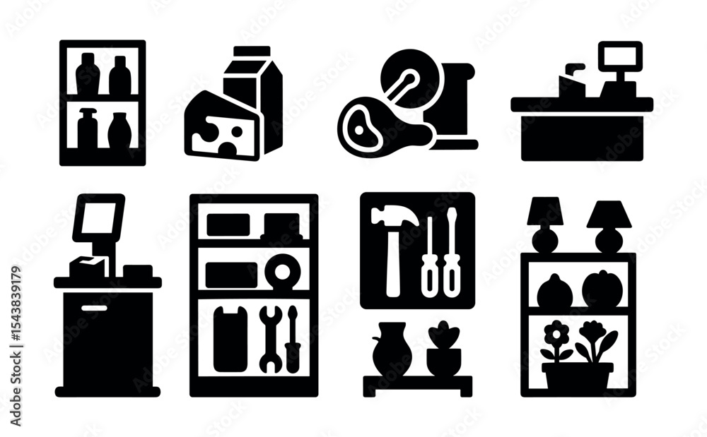 Grocery and tools silhouette icon set. store, food equipment icons in ...