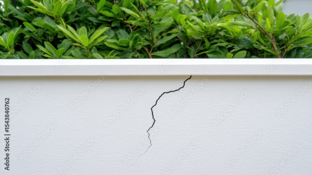 A long, vertical crack on a white wall, with green foliage in the ...