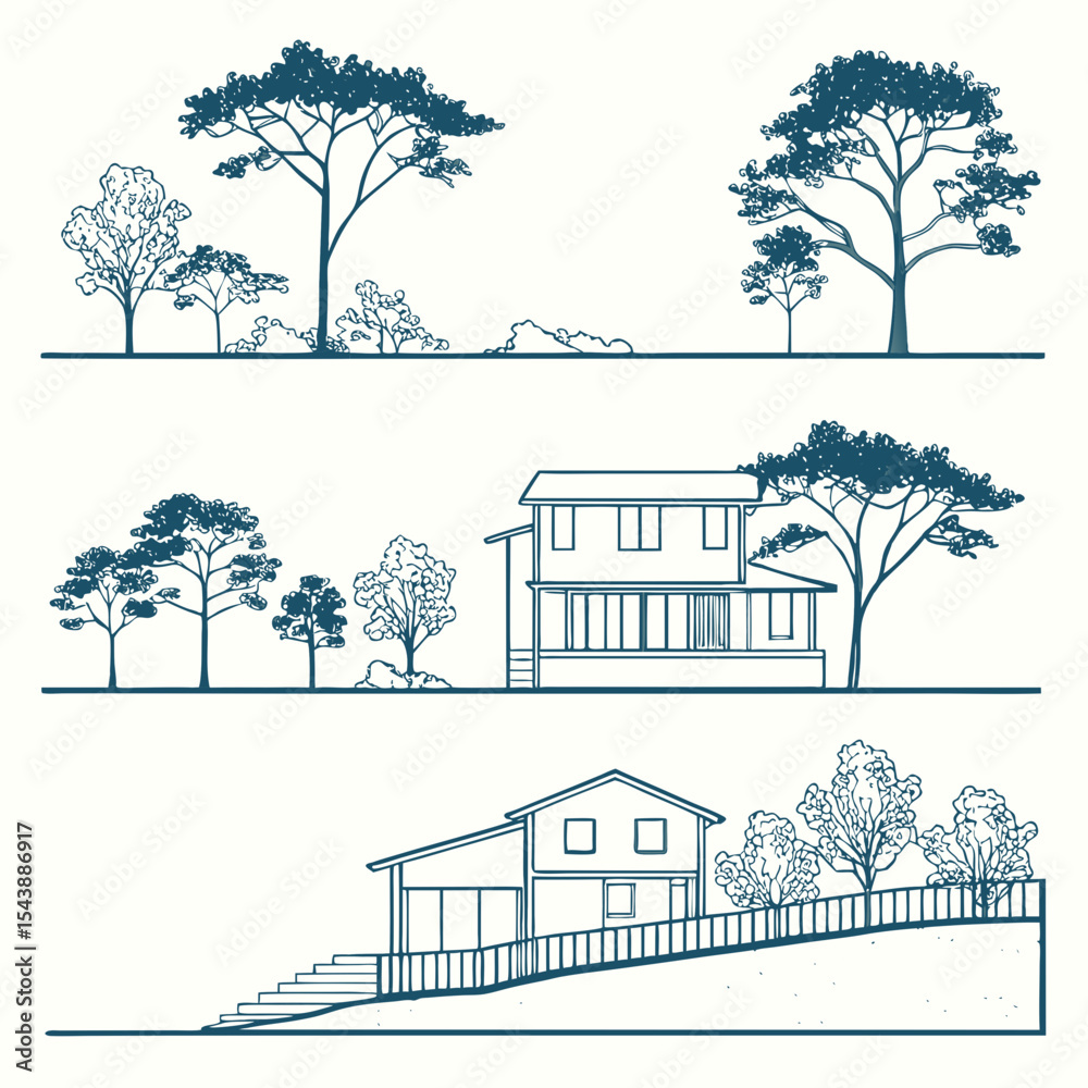 Vektor Minimal style cad tree line drawing, Side view, set of section garden, wetland forest ...