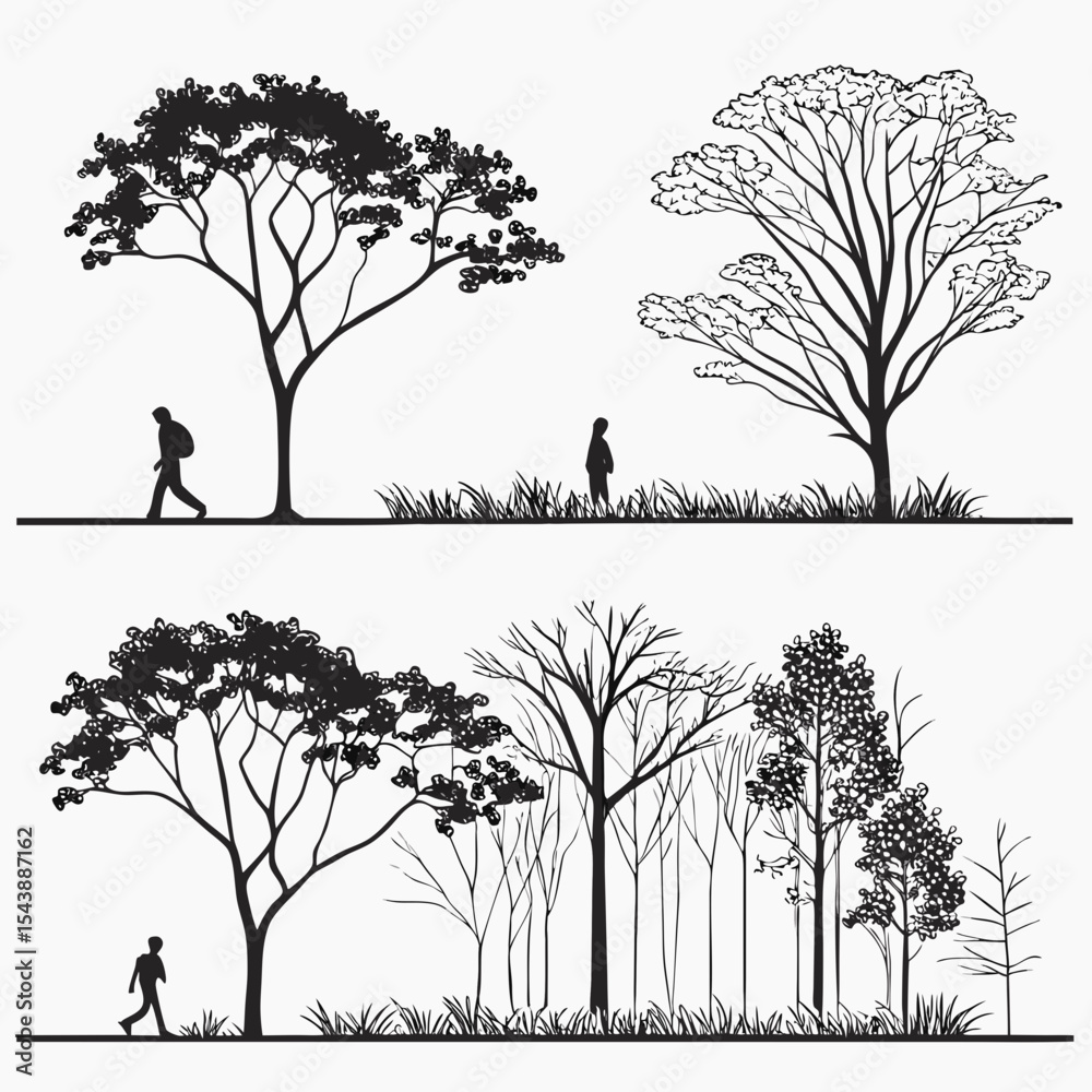 Minimal style cad tree line drawing, Side view, set of section garden ...