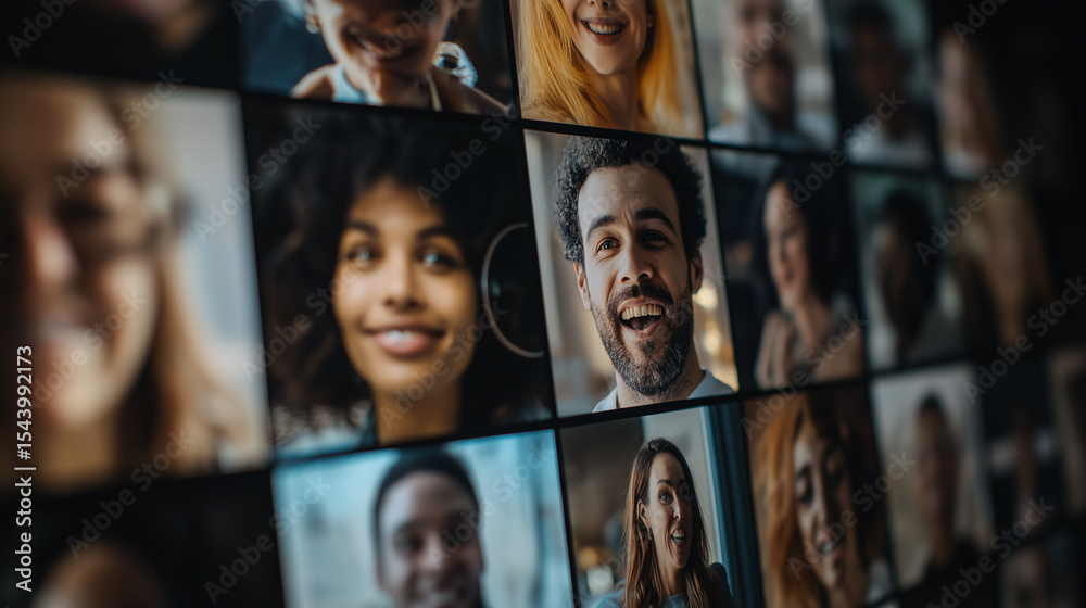 A grid of diverse smiling faces fills a screen, representing online ...