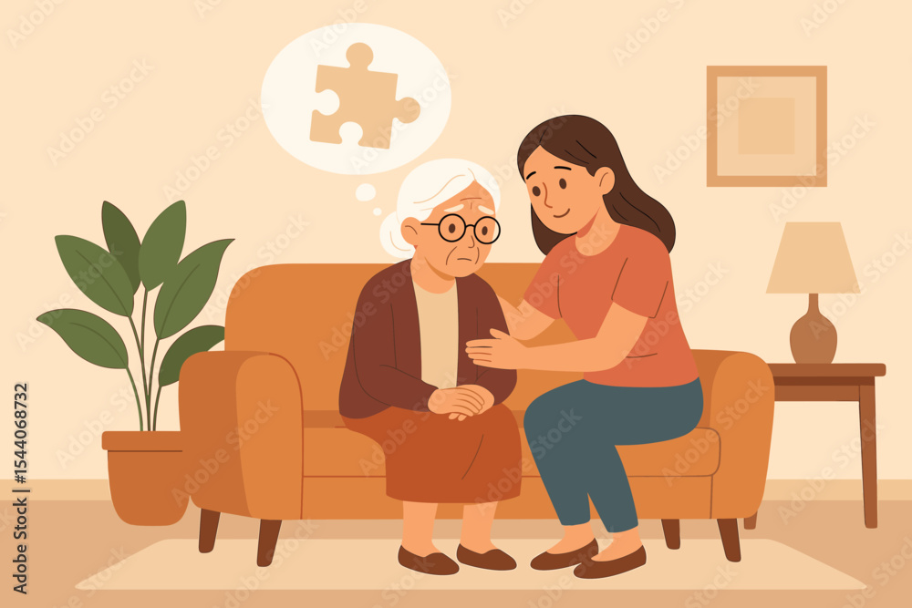 Vector de Stock Elderly Woman with Alzheimer’s Disease Comforted by ...