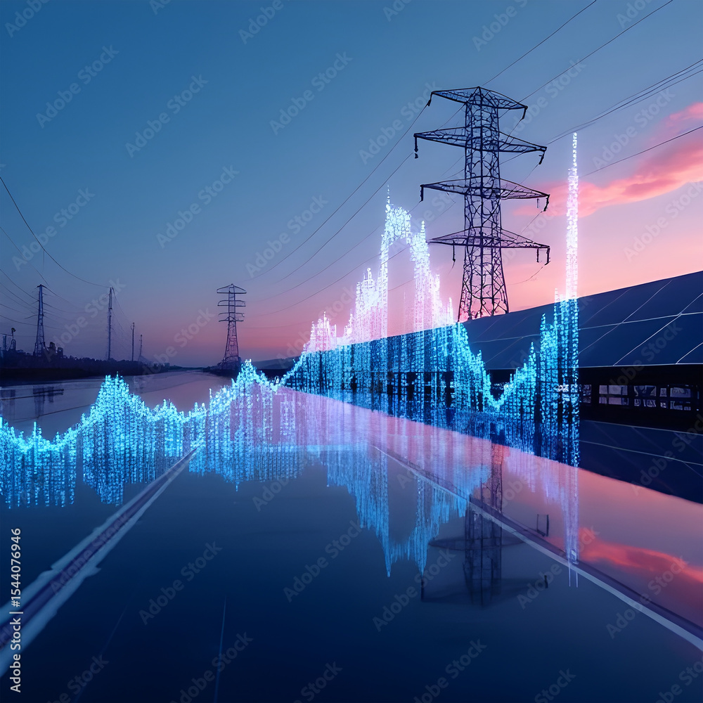 A digital graph overlaying power lines and solar panels at dusk with a ...