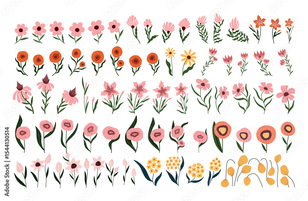 Hand drawn flower clipart bundle with various blooming shapes, leaves ...