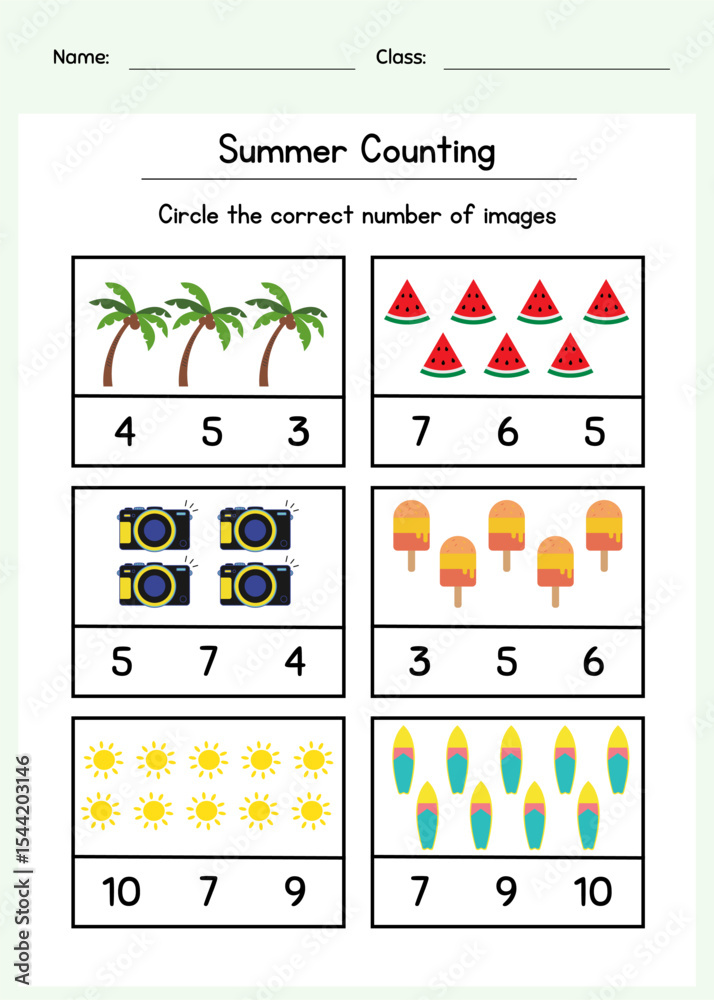 Printable summer counting worksheet. Choose the correct number game for ...