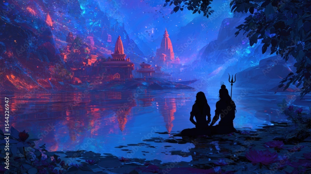 Artistic scene of Lord Shiva and Parvati during Maha Shivratri, vibrant ...