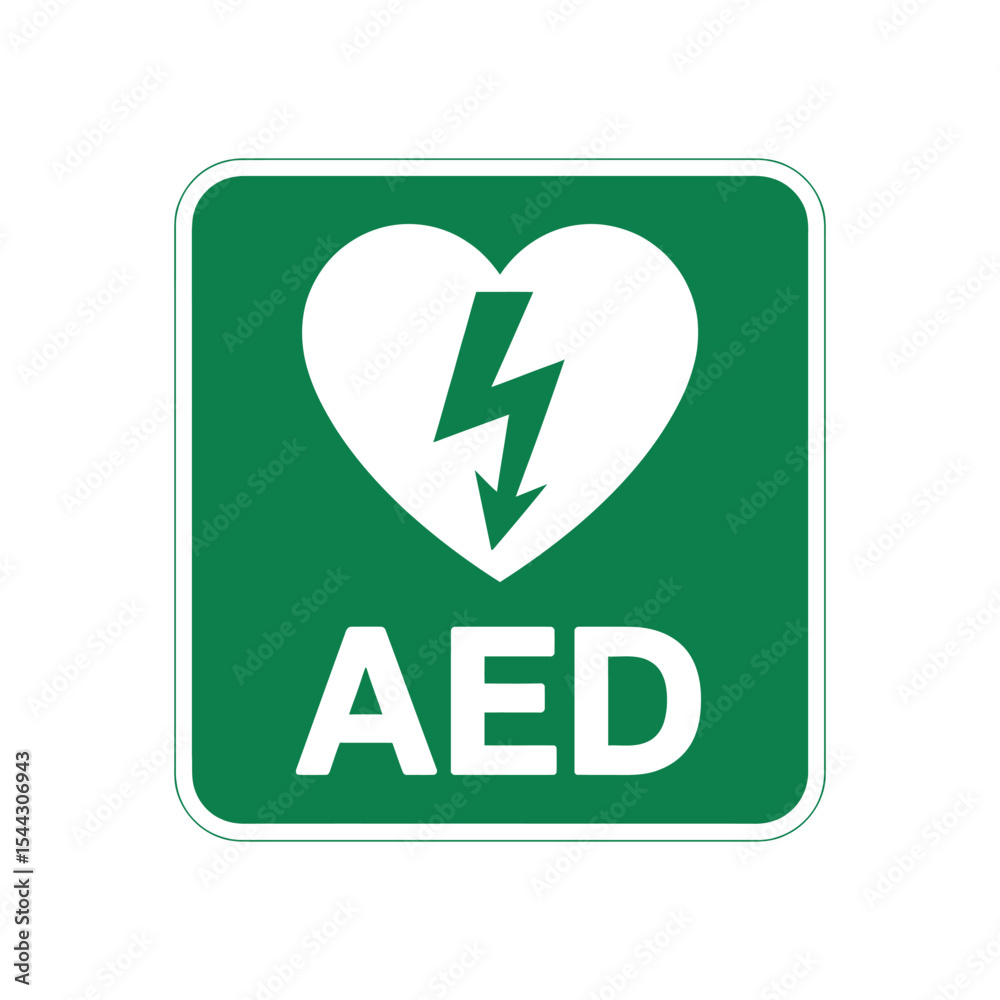 green aed sign featuring white heart and lightning bolt symbol ...