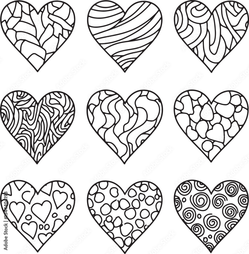 Nine Unique Patterned Hearts Coloring Pages, Printable Designs, Vector ...