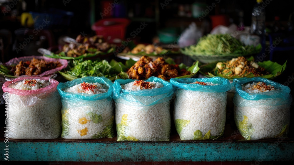 Sticky rice scooped into clear plastic bags, ready to be sold alongside ...