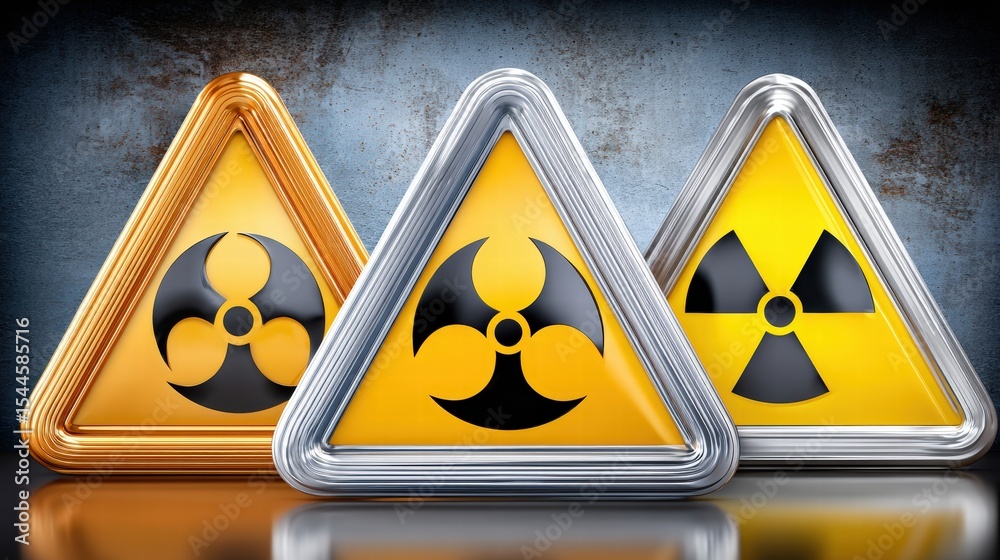 Warning signs display biohazard radiation hazard symbols on factory ...