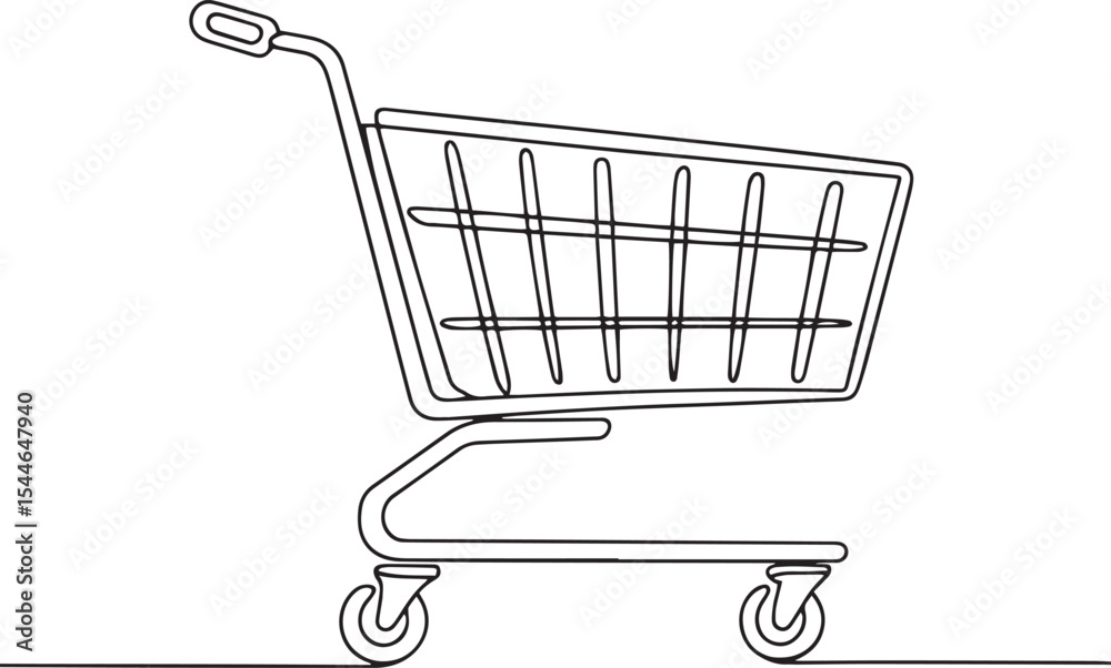 continuous line drawing of a shopping cart with wire basket and wheels ...