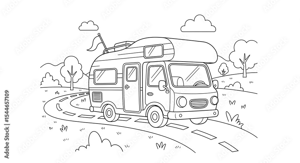 Camper van coloring page for kids, rv illustration, travel vehicle ...