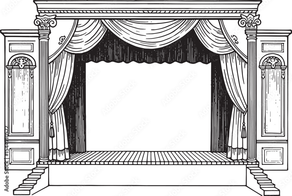 Vintage Black and White Illustration of a Theater Stage with Cur Stock ...