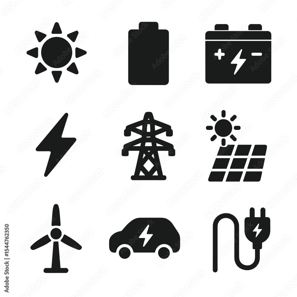 Battery Icon Set. Solid, filled icons set of battery storage technology ...