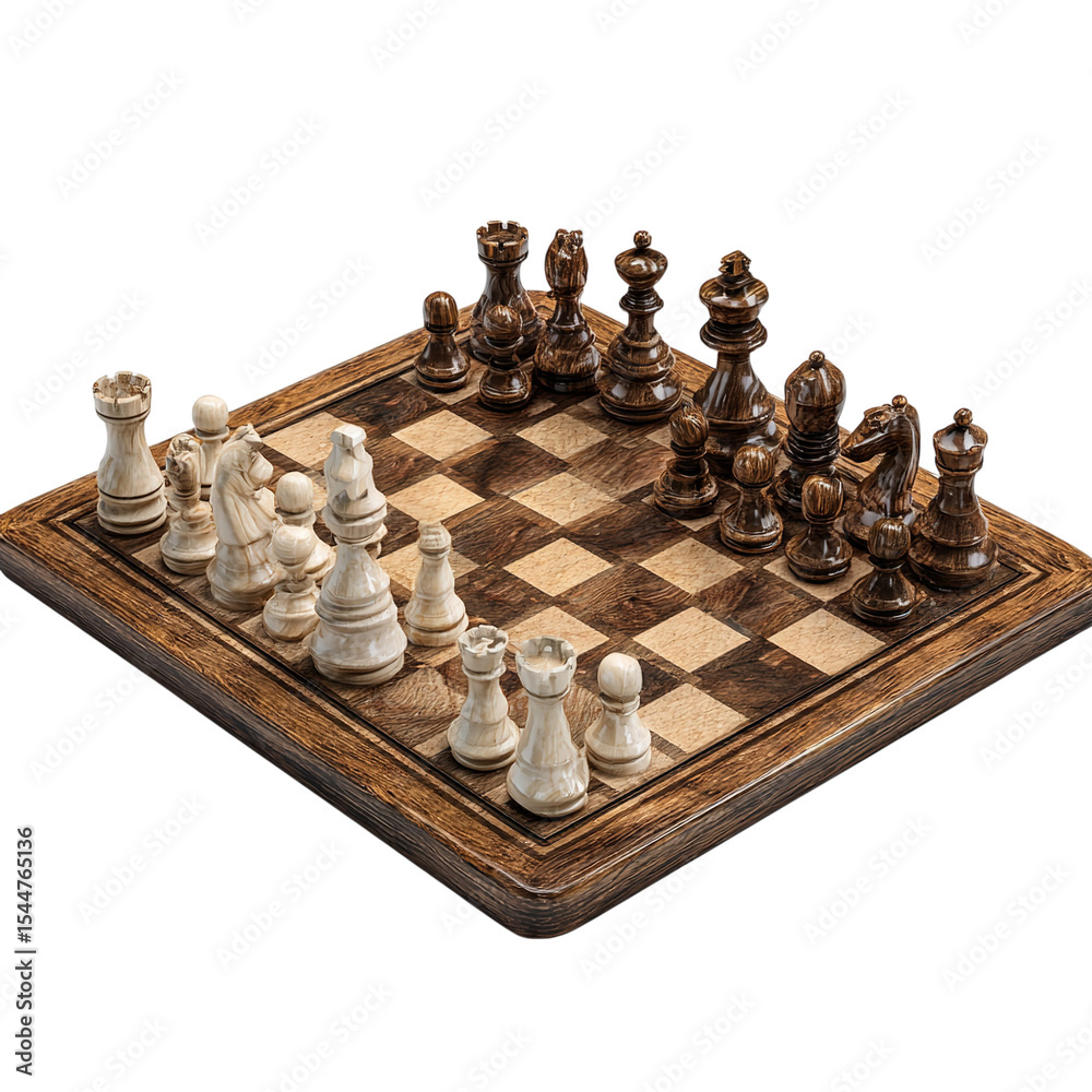 A chess board with chess pieces set up for a game on a wooden board on ...