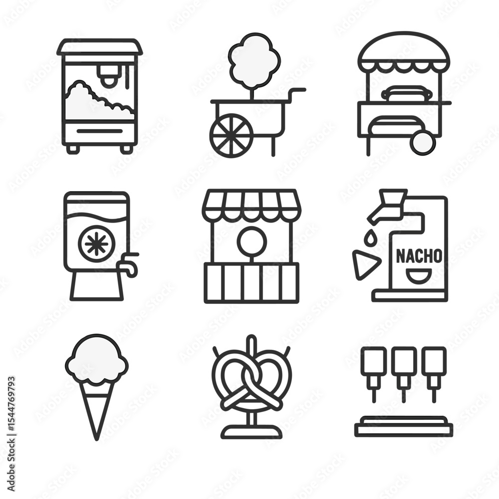 Concession Stand Icons. Outline icon set of concession stands: popcorn ...