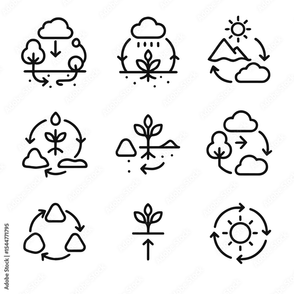 Nature Cycle Icons. Outline icon set of element cycles in nature ...