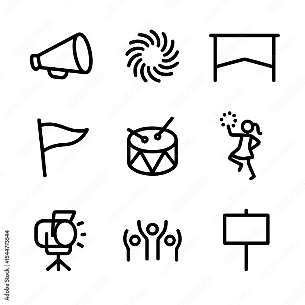 Pep Rally Icons. Outline icon set of pre-game pep rally: megaphone, pom ...
