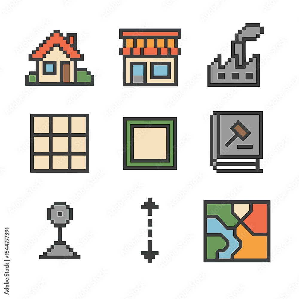 Praca wektorowa bez tantiem: Zoning Icons Grid. Pixel art icon set of ...