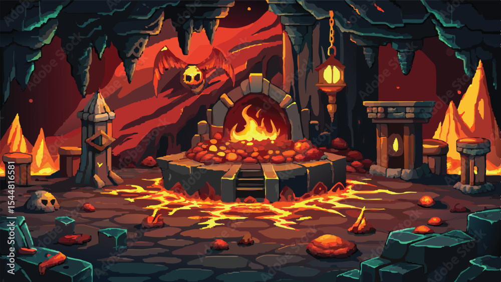 Pixel Art Fantasy Dragon’s Lair Background – Lava Cave Scene with ...