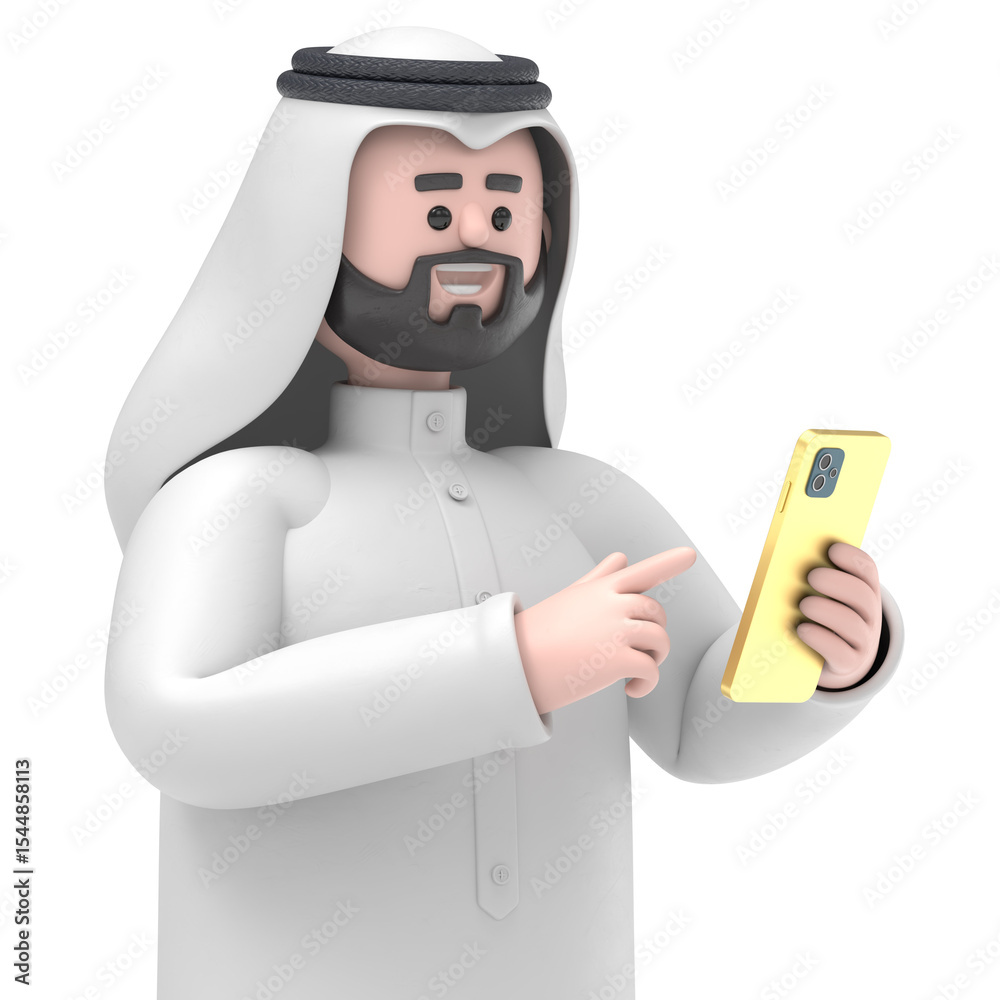 3D illustration of smiling Arab man Hadi holding smartphone.Transparent ...