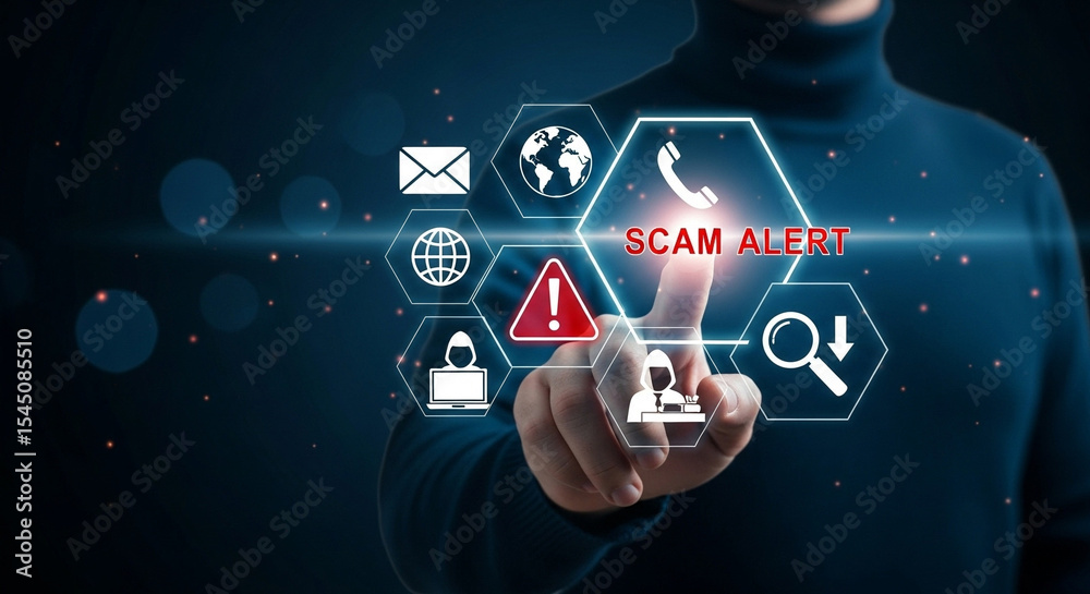 Man pointing at scam alert icons on a digital interface against a dark ...