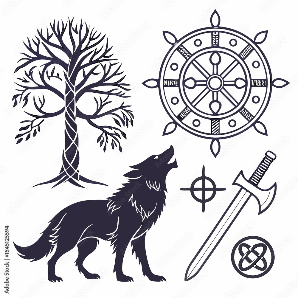 Стоковая иллюстрация «Viking symbols isolated set. Magic collection of ...